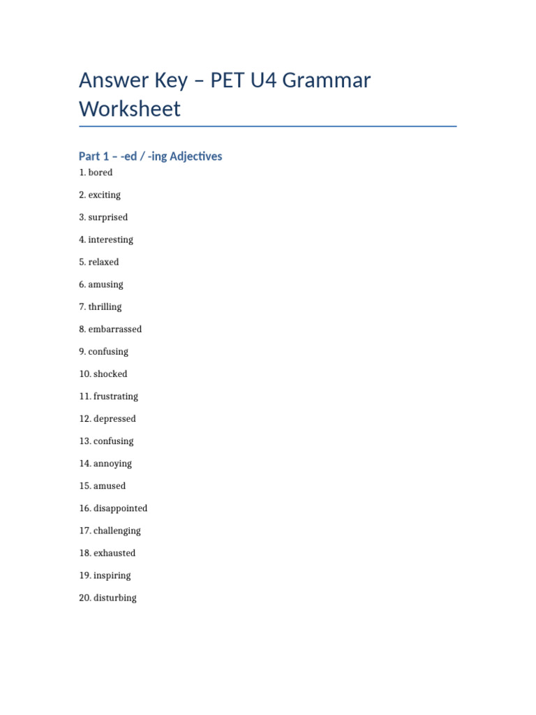 PET U4 Grammar Answer Key | PDF