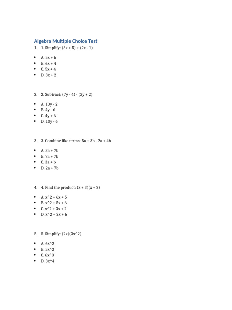 Algebra MCQ Test | PDF
