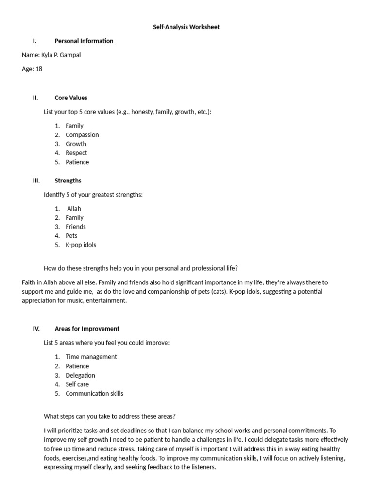 Self-Analysis Worksheet 888845770 | PDF | Well Being | Personal Development