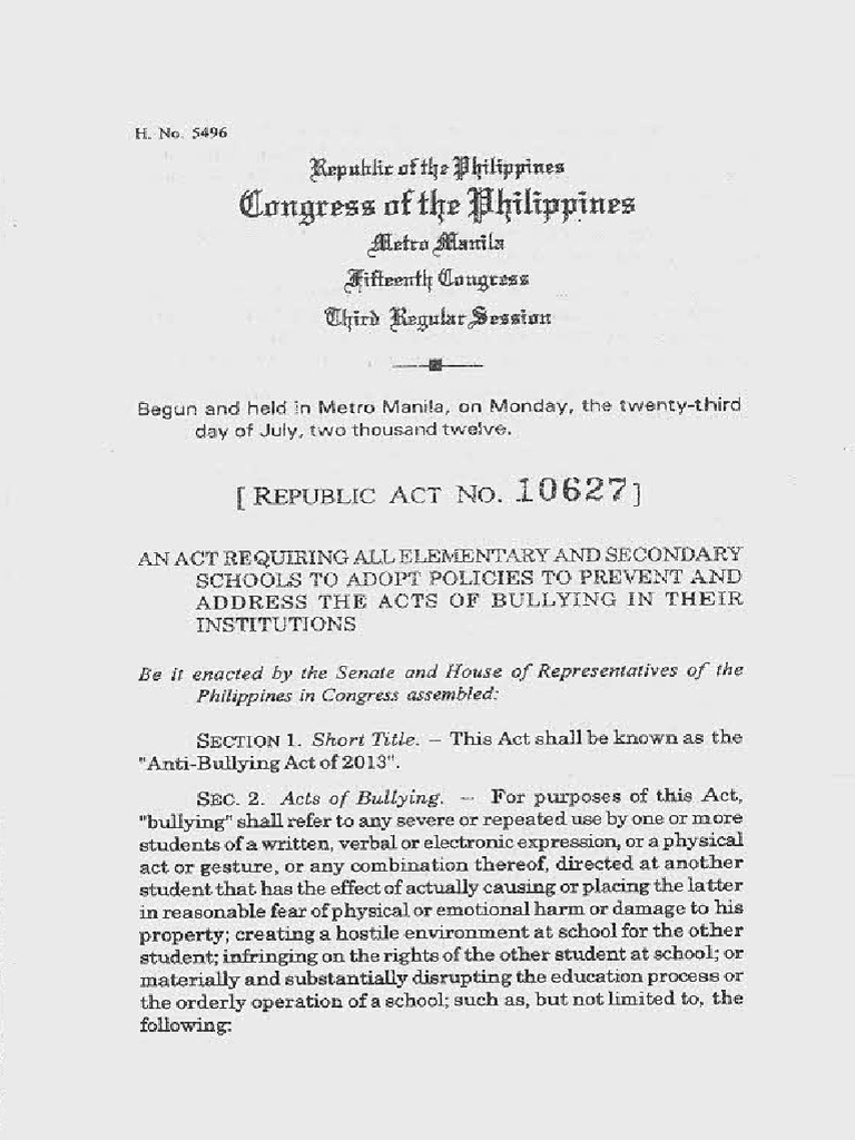 Anti BUllying Republic Act 10627 | PDF