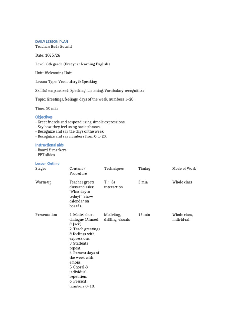 Lesson Plan WelcomingUnit | PDF | Lesson Plan | Behavior Modification