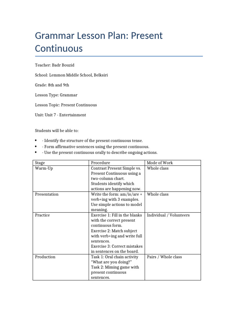 Present Continuous Lesson Plan | PDF