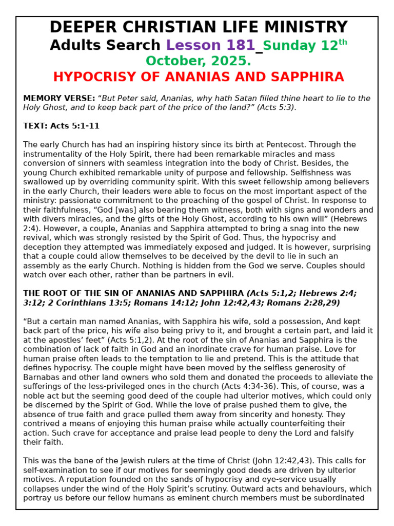 Adults Sts Lesson 181 Hypocrisy of Ananias and Sapphira | PDF | Books ...