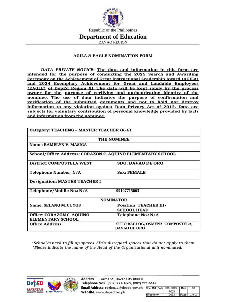 Agila Eagle Nomination Form | PDF