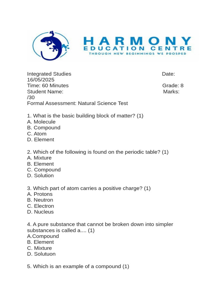 Grade 8 Natural Science Assessment | PDF | Chemical Compounds ...
