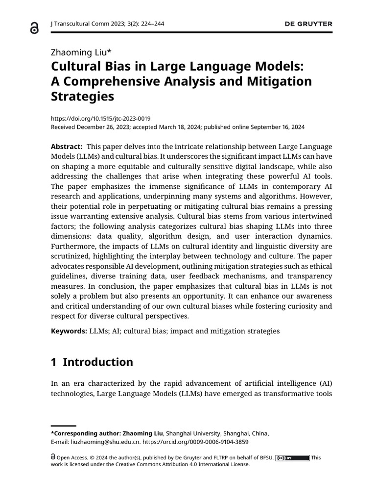 Cultural Bias in LLMs: Analysis & Solutions | PDF | Artificial ...