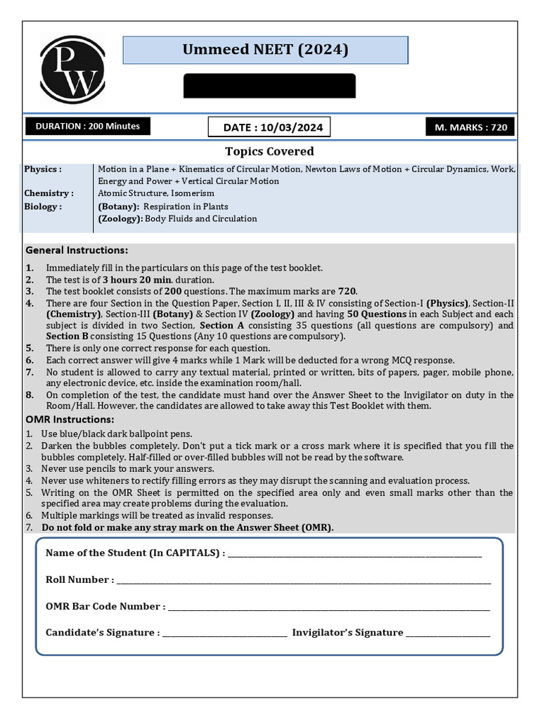 NEET 2024 Practice Test 02 Details | PDF | Force | Atomic Orbital