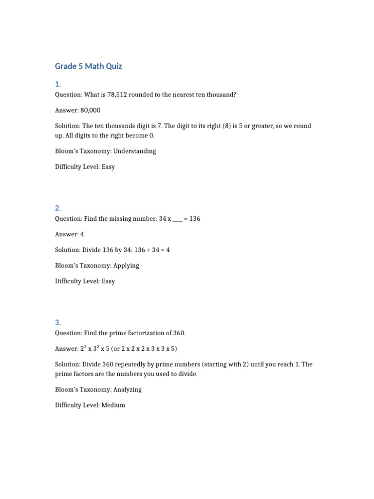 Grade 5 Math Quiz Questions & Answers | PDF