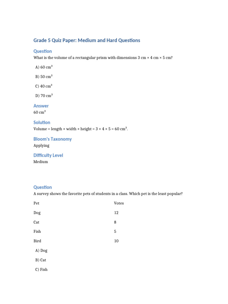 Grade 5 Final Quiz Paper | PDF