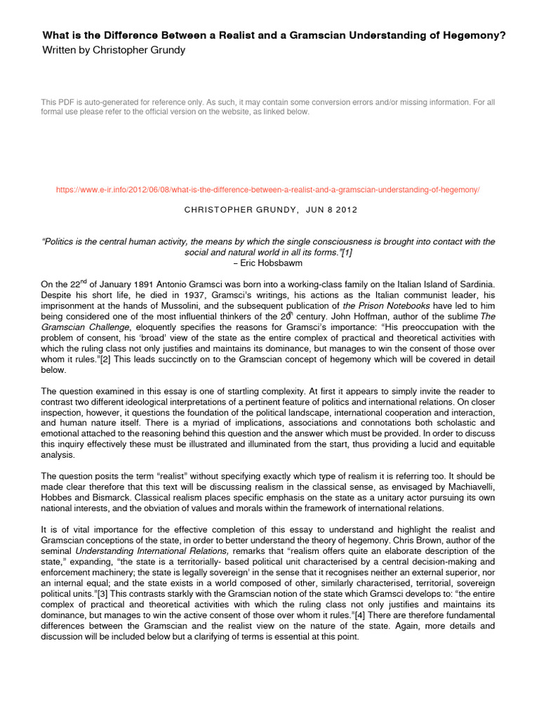 Realist vs. Gramscian Hegemony Explained | PDF | Antonio Gramsci | Hegemony