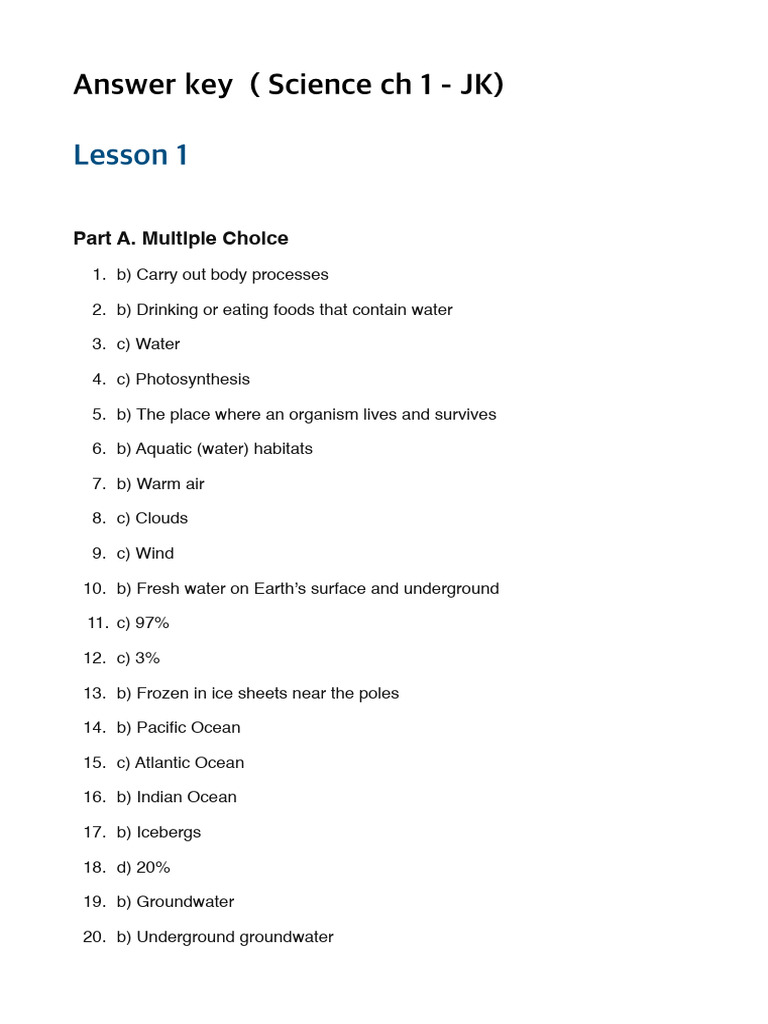 Science Chapter 1 Answer Key | PDF | Lake | Oceans