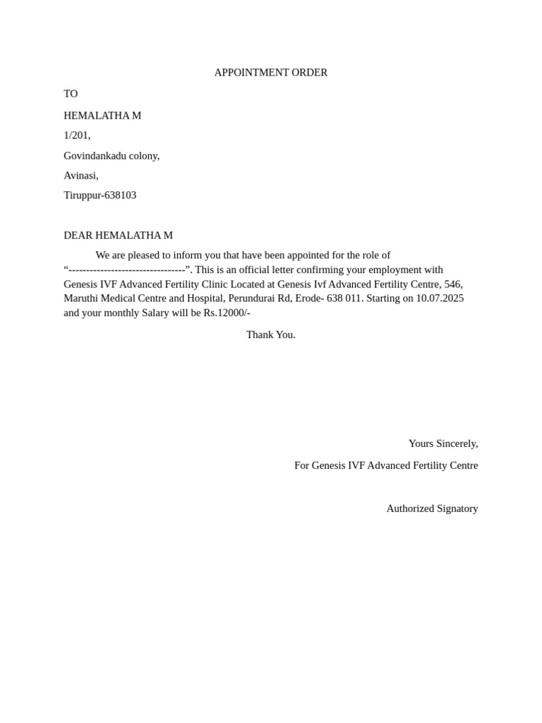 Appointment Orders for Genesis IVF Staff | PDF | Semen | Medical ...