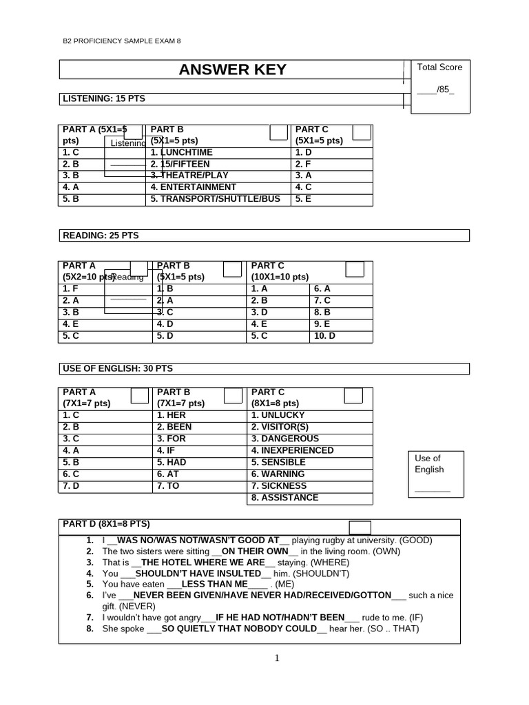B2 Proficiency Sample Exam 8 Answer Key | PDF | Chess Theory | Chess