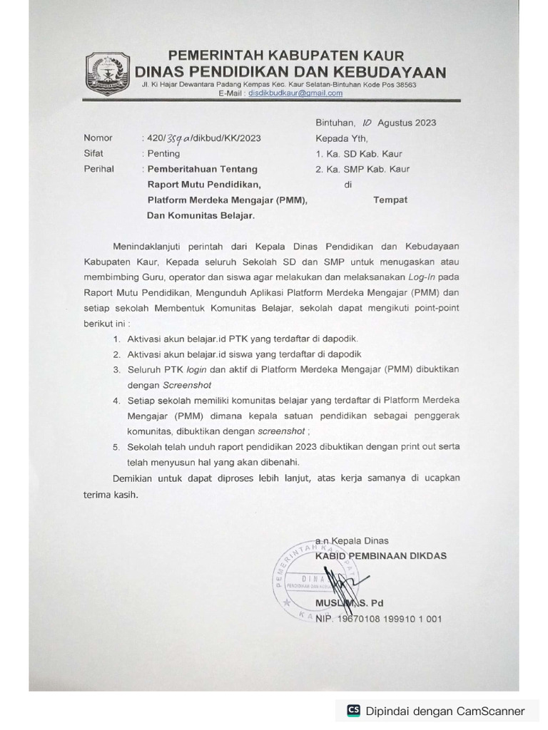 Surat Pemberitahuan Raport Mutu Pendidikan, PMM Dan Komunitas Belajar | PDF