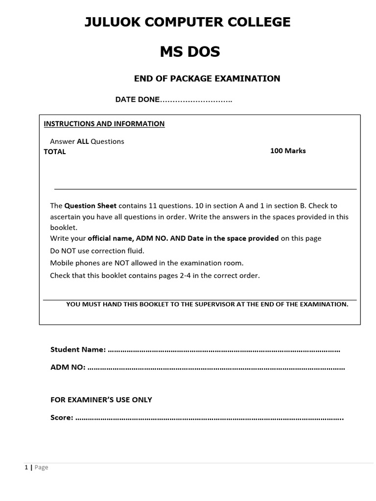 DOS (MICROSOFT DISK OPERATING SYSTEM EXAMINATION Edited | PDF | Dos ...