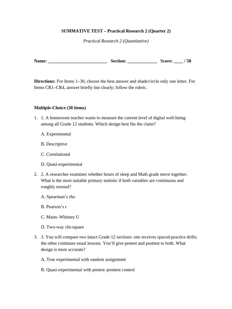 Practical Research 2 Summative Test | PDF | Sampling (Statistics ...