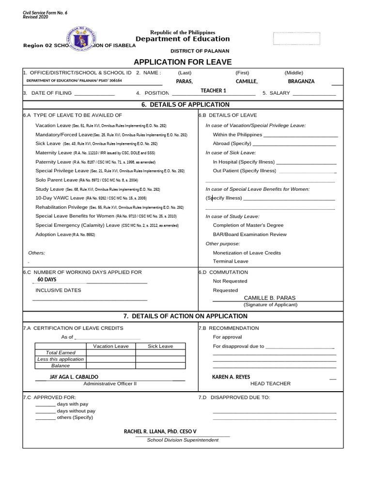 CS Form No. 6 Revised 2020 Application For Leave Fillable | PDF ...