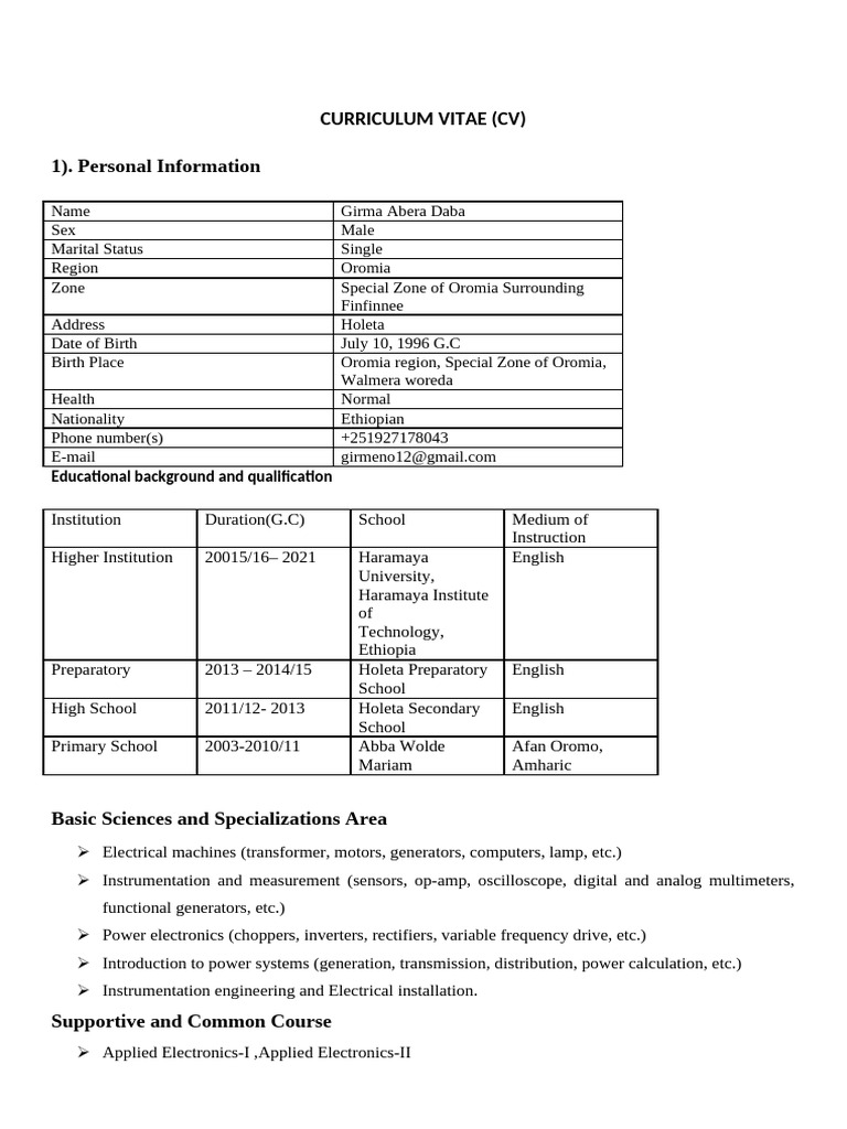 Electrical Engineering CV of Girma Abera | PDF | Ethiopia | Electrical ...