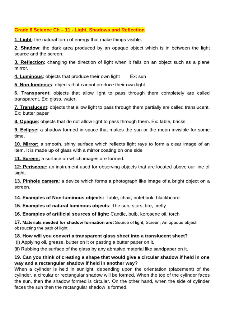 Grade 6 Science CH - 11 - Light, Shadows and Reflection | PDF | Eclipse | Light