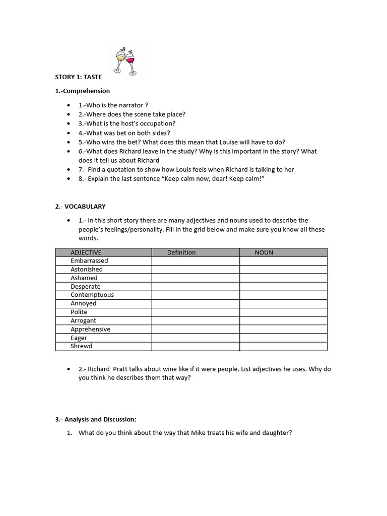 "Comprehension Guide for 'Taste' Story" | PDF