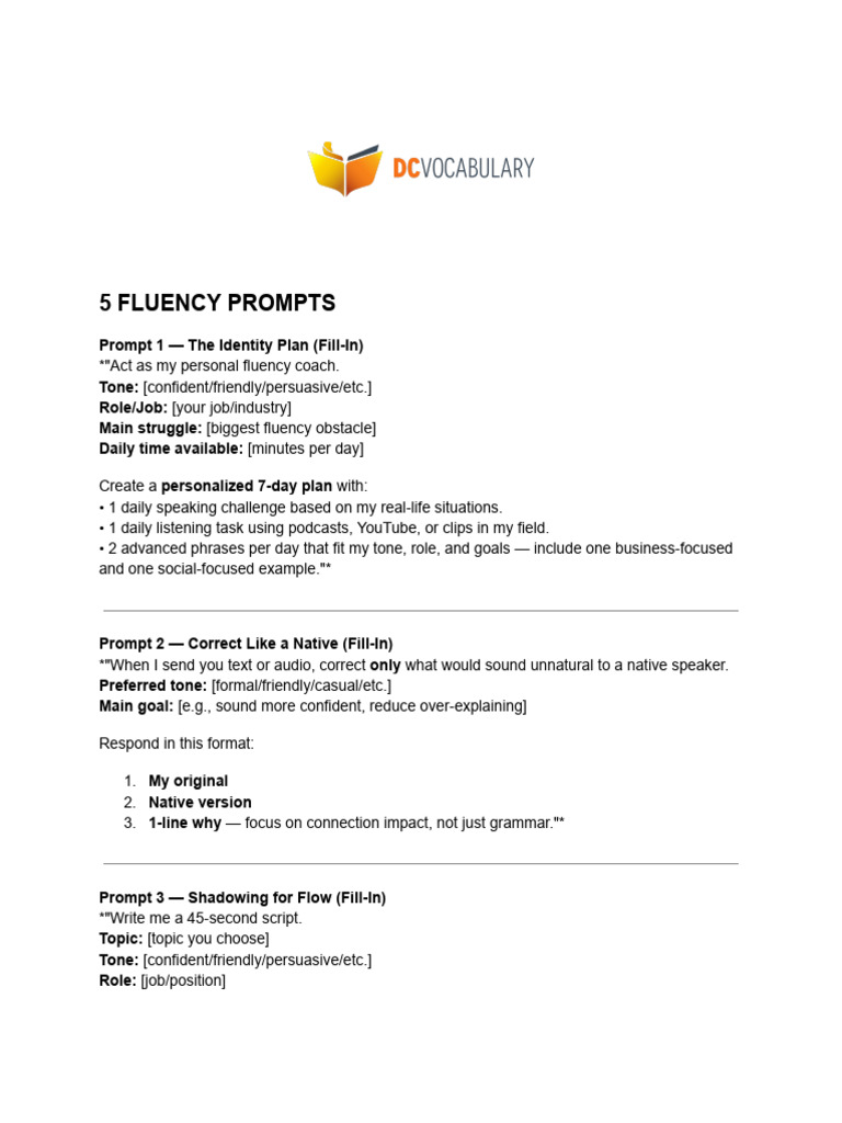 5 FLUENCY Prompts | PDF