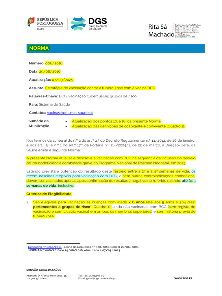 Vacinação BCG: Norma Atualizada 2025 | PDF | Tuberculose | Doenças e ...