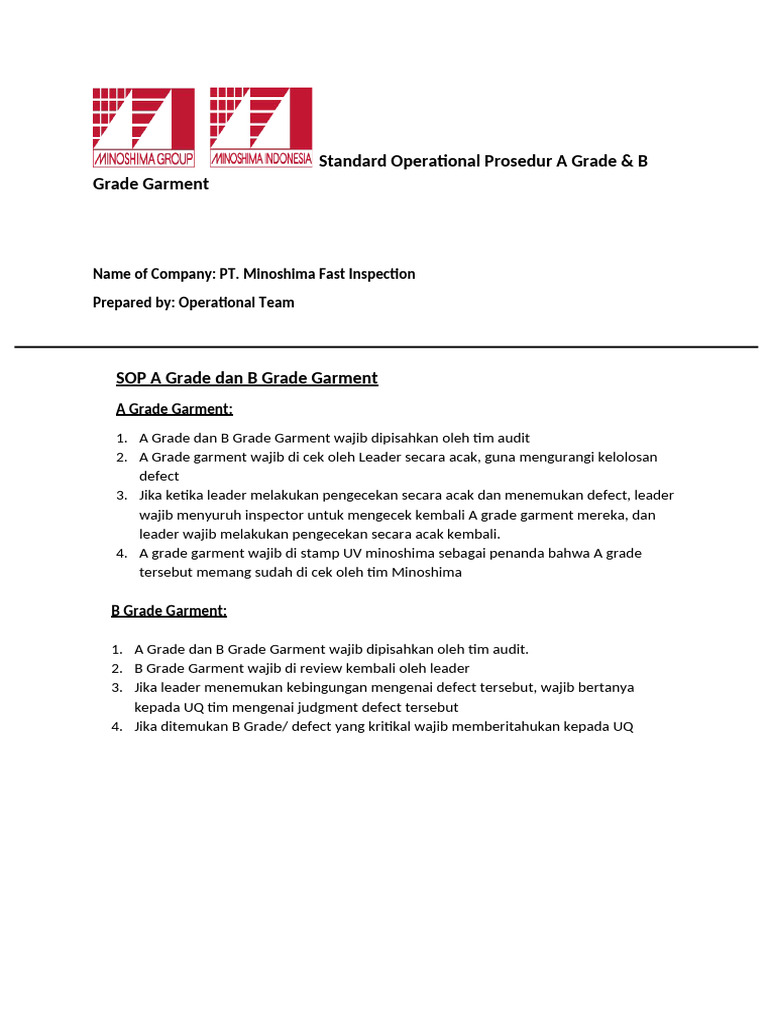 SOP for A & B Grade Garment Inspection | PDF