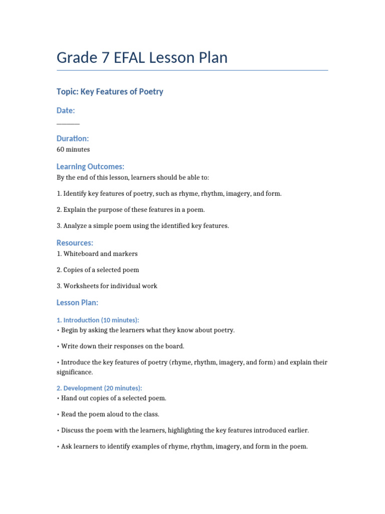 Grade 7 Poetry Lesson Plan | PDF