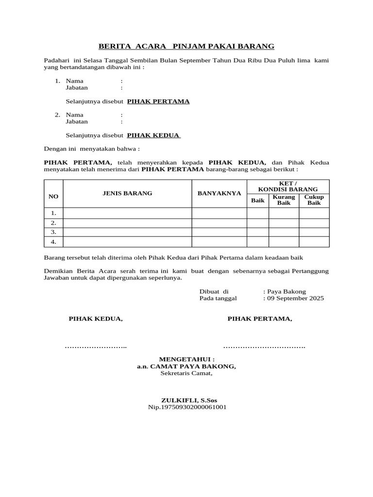 Berita Acara Pinjam Pakai Barang | PDF