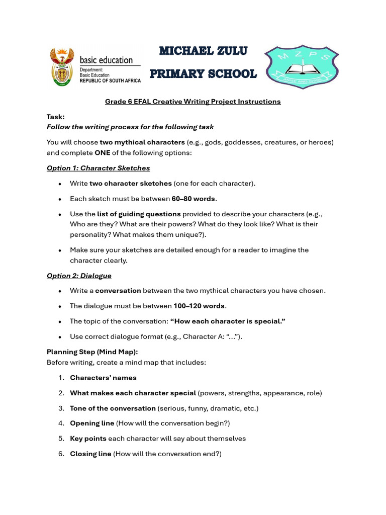 Grade 6 Creative Writing Project Instructions | PDF