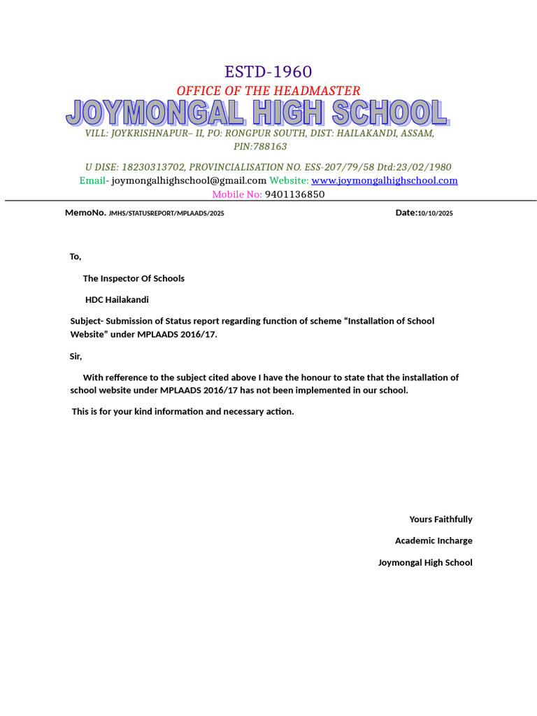 Status Report on School Website Installation | PDF
