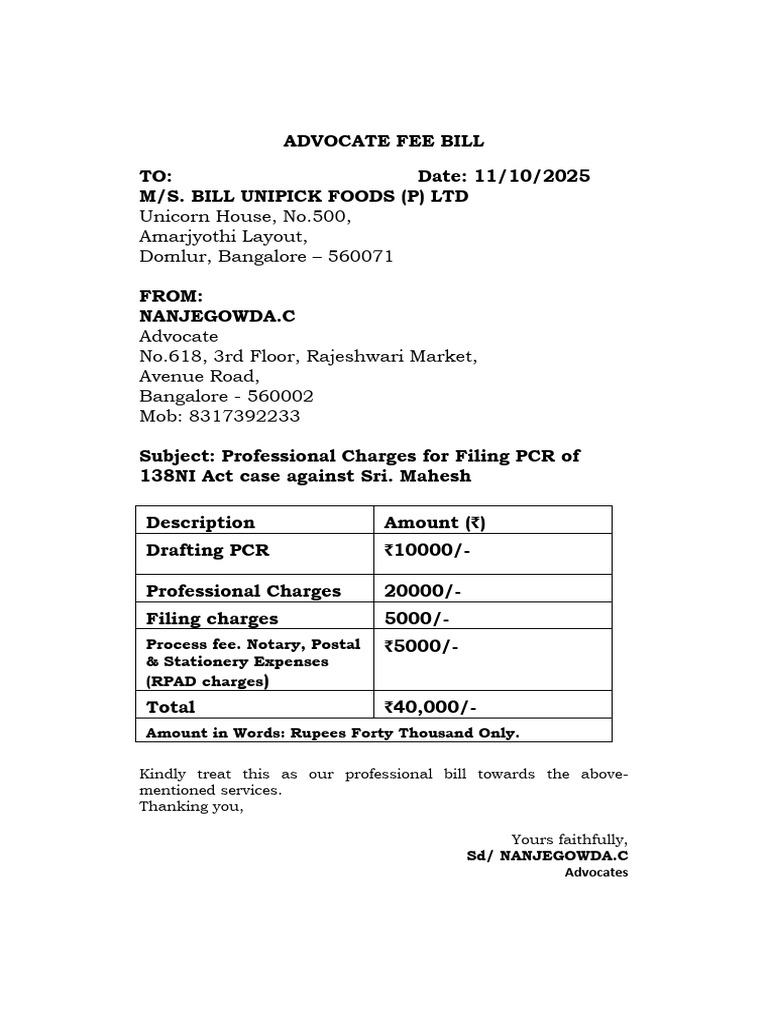 Advocate Fee Bill Filing PCR | PDF