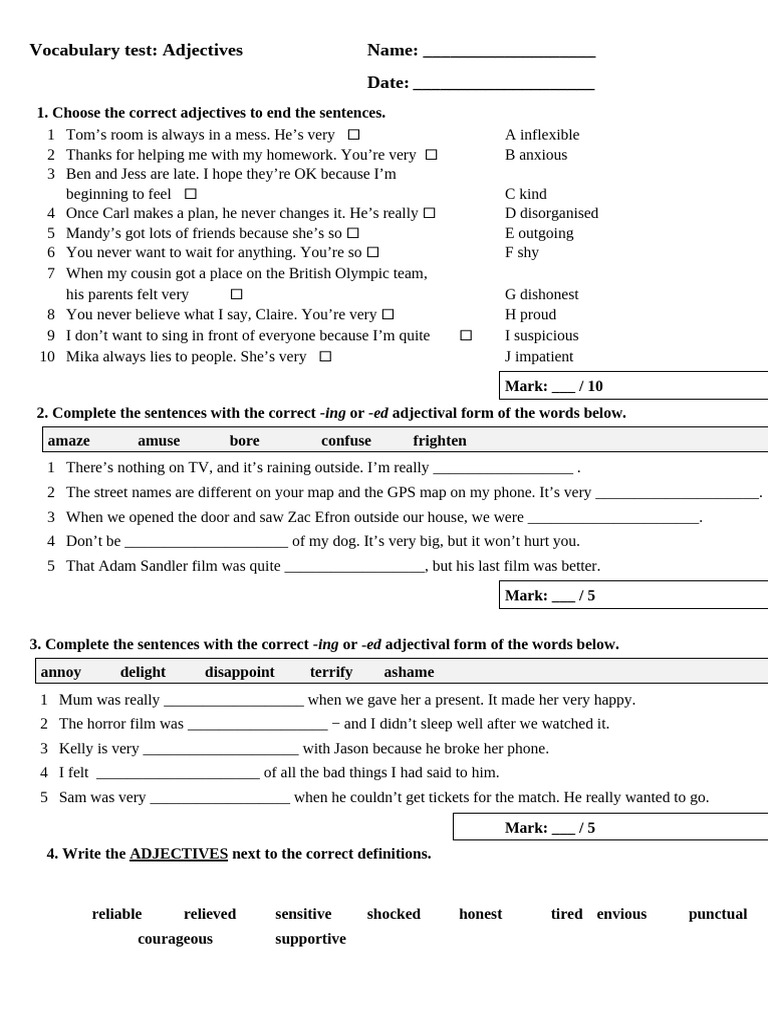 Vocabulary Test Adjectives | PDF