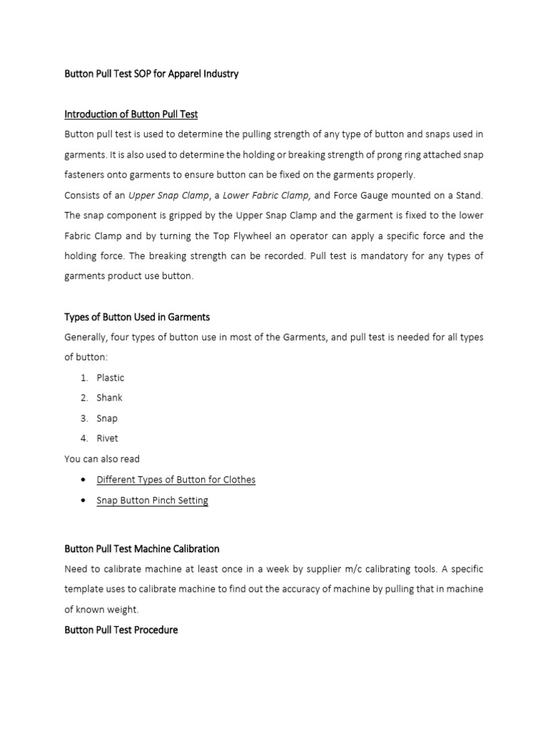 Button Pull Test SOP for Garments | PDF | Clothing | Rivet