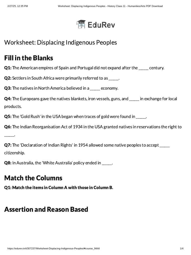 Worksheet on Displacing Indigenous Peoples | PDF | Indigenous Peoples ...