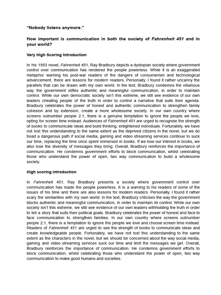 WAGOLL - Introduction and BP #1 of Fahrenheit 451 | PDF | Communication