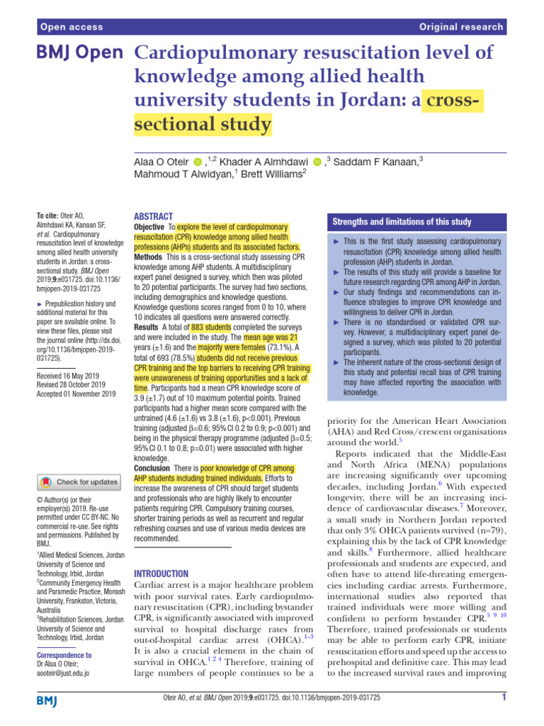 Cross Sectional Study | PDF | Cardiopulmonary Resuscitation ...