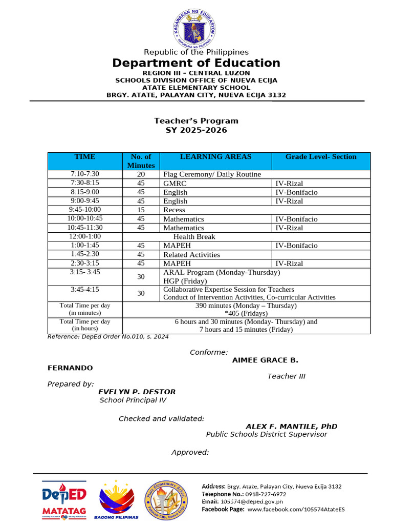 Class Program SY 2025 2026 Grade 4 | PDF | Southeast Asia | Philippines