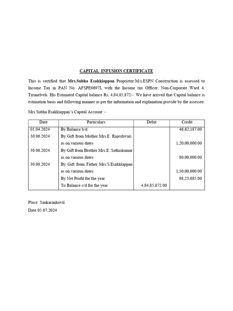 Capital Infusion Certificate Format | PDF