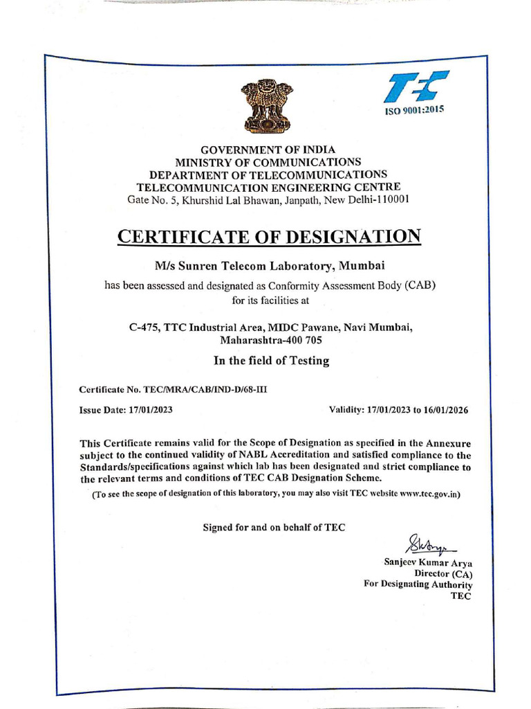 Sunren Telecom Laboratory CAB Certification | PDF | Telecommunications ...