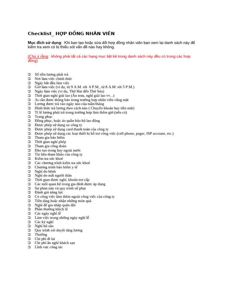 ITS100-02.Checklist - Hop Dong Nhan Vien IT | PDF