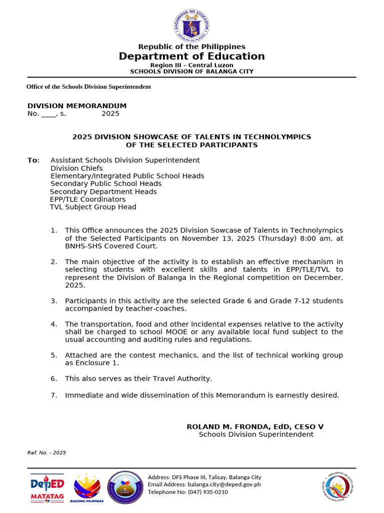 Div Memo On 2025 Division Showcase of Talents in Technolympics ...