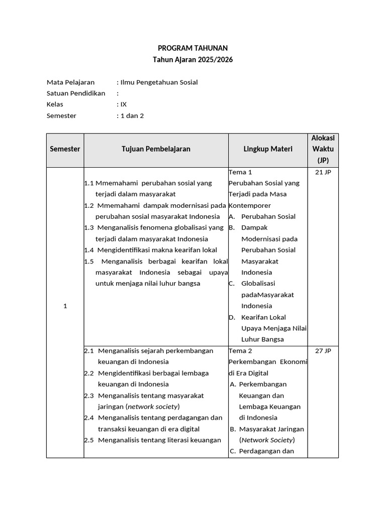 Program Tahunan IPS Kelas IX 2025/2026 | PDF