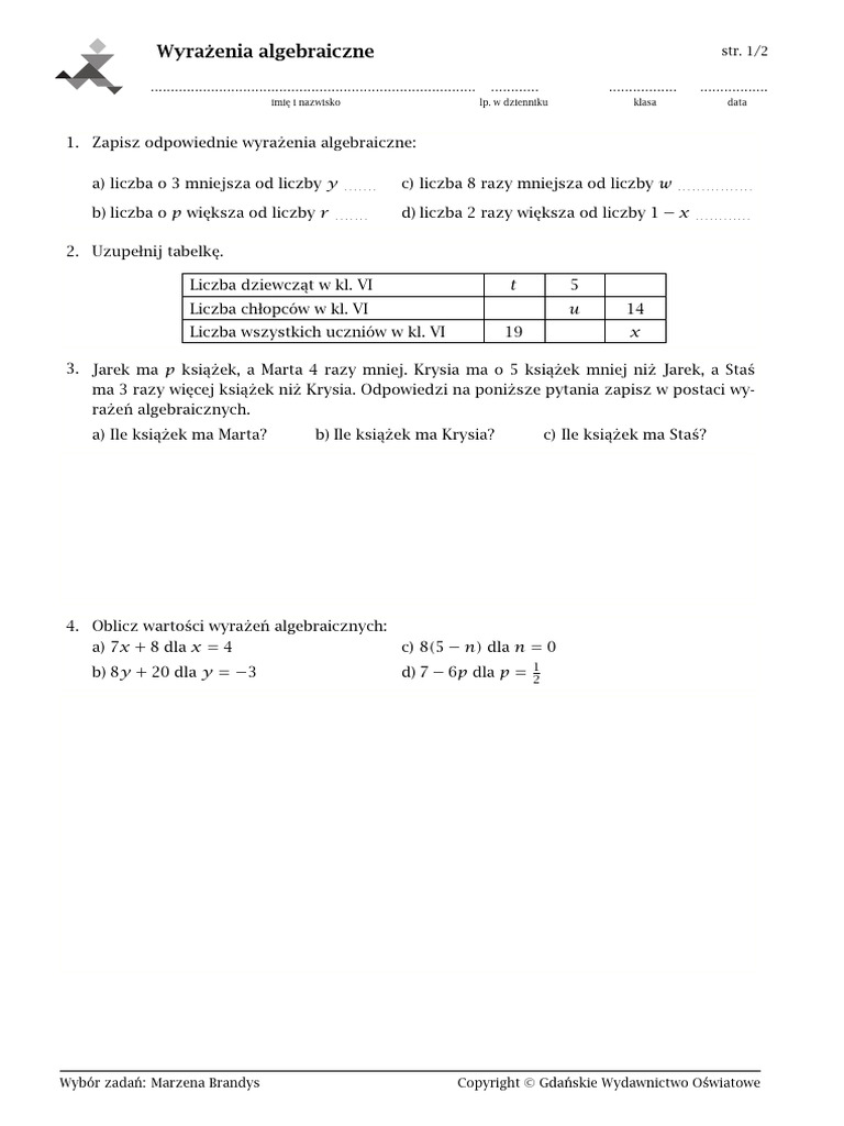 Karta Pracy Nr 1 - Wyra%C5%BCenia Algebraiczne | PDF