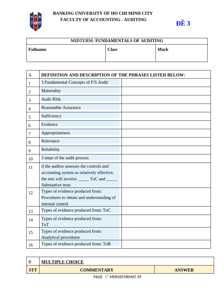Midterm 3. Fundamentals of Auditing - Q | PDF | Audit | Internal Control