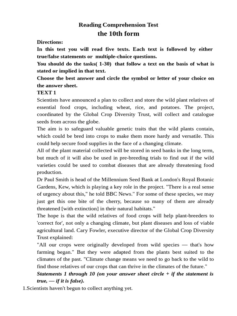Reading Comprehension Test | PDF | Restaurants | Menu