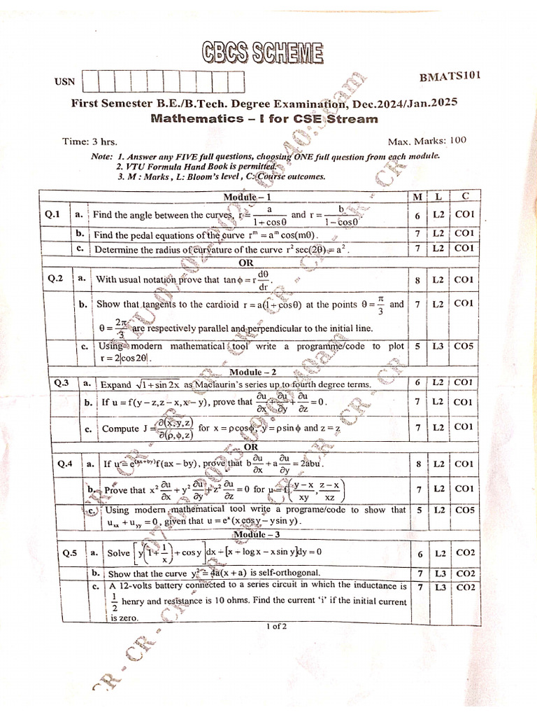 VTU Exam Question Paper With Solution of BMATS101 Mathematics I For CSE Stream Jan-2025-KISHORE ...