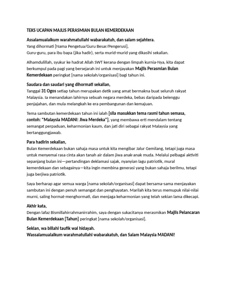 Teks Ucapan Majlis Perasmian Bulan Kemerdekaan | PDF