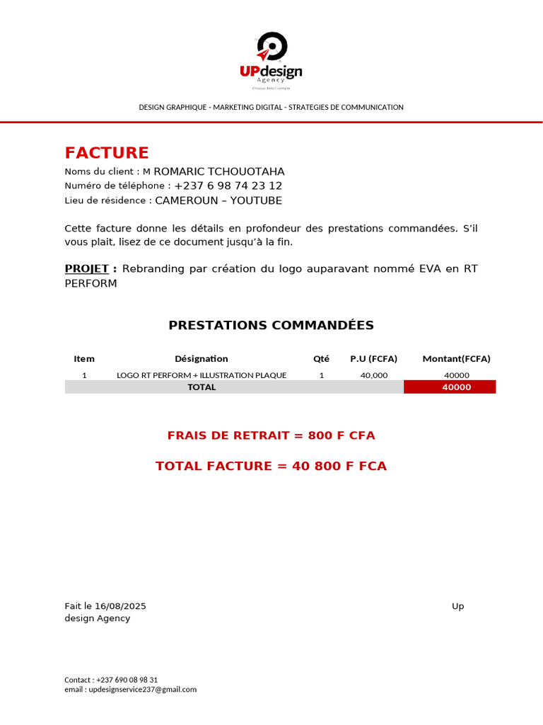 Facture Up Design To RT Perform 16-08-2025 | PDF