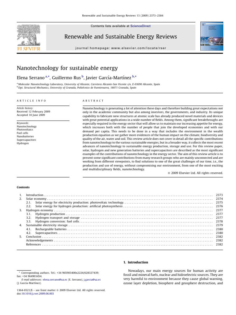 Nanotechnology For Sustainable Energy | PDF | Solar Cell | Photovoltaics
